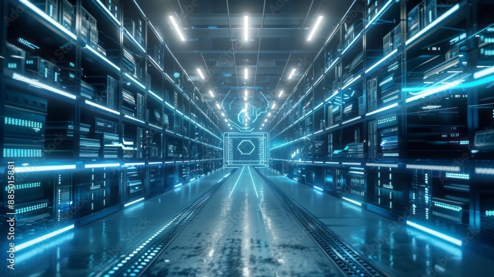 Futuristic warehouse technology with neon background: advanced ...