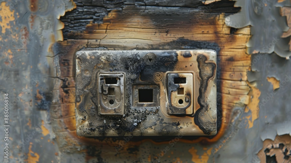 A close-up photo A single burnt-out outlet with scorch marks on the ...