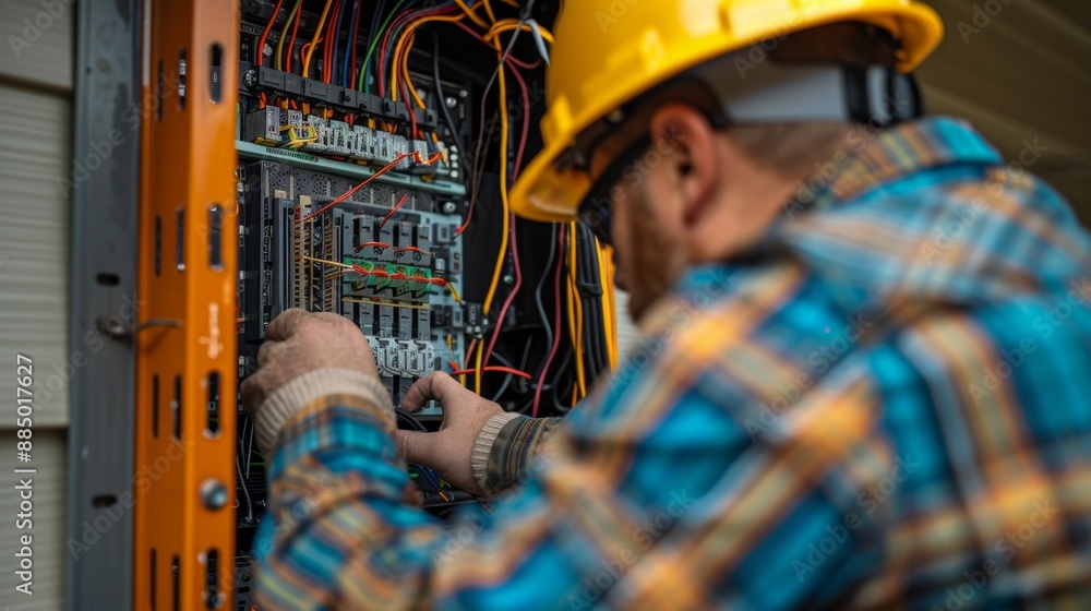 Close-up of an electrician installing a whole-house surge protector in ...