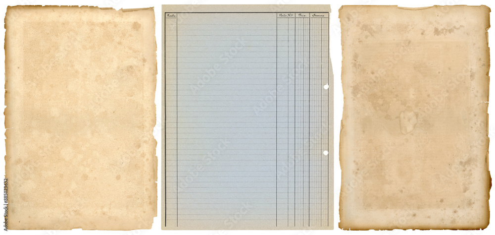 three vintage and antique paper textures, stained g with ripped / torn ...