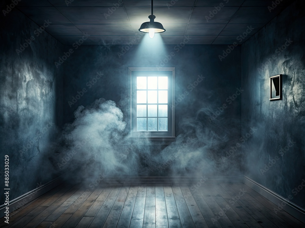 Ominous dark room with fog shrouding the atmosphere, a sliver of light ...