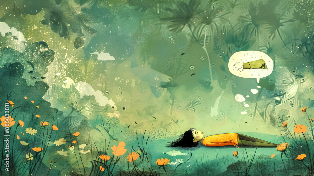Young girl daydreaming about sleeping in nature illustration Stock ...