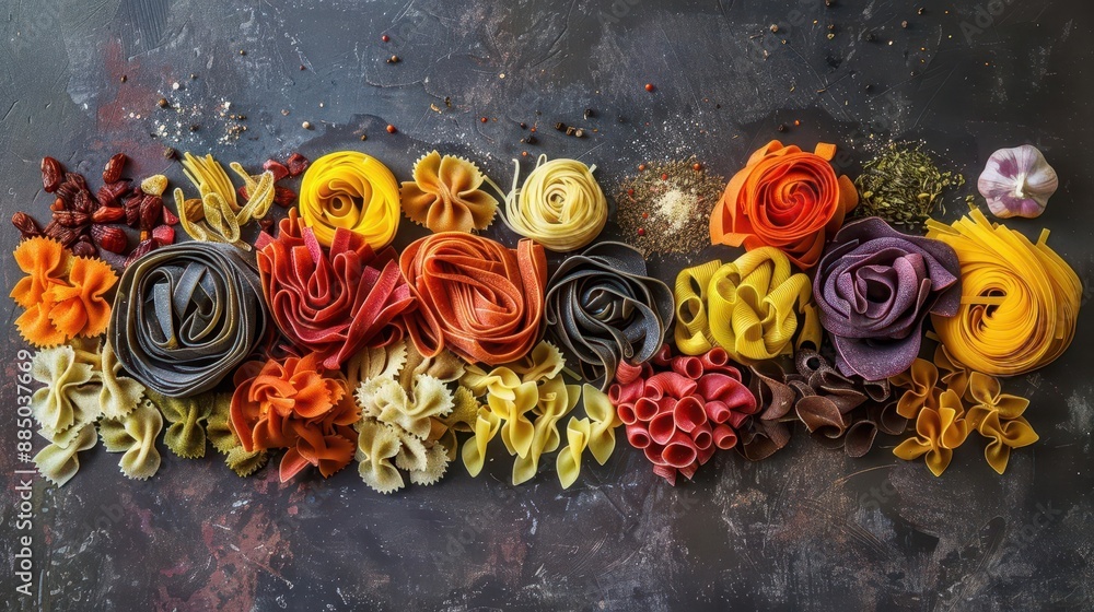 artistic arrangement of various italian pasta shapes vibrant colors and ...
