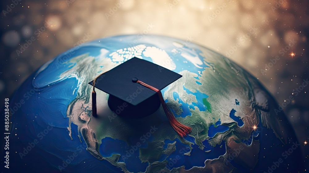 Graduation cap on Earth. Symbolizes global education. Ideal for ...