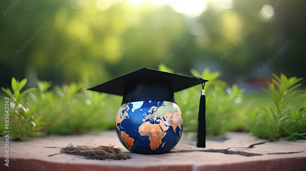 Graduation cap on globe with green foliage background. Suitable for ...