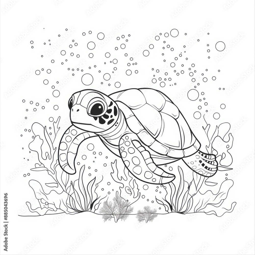 A cute cartoon sea turtle outlined for a coloring page, isolated on a ...