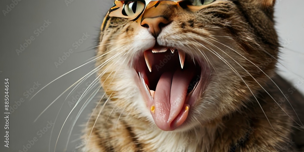 front side, Close-up of a cat's tongue, with detailed texture on the ...