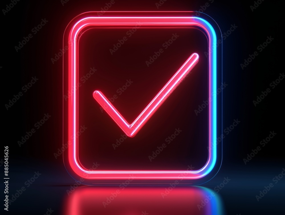 Glowing neon checkmark symbol in red and blue, representing ...