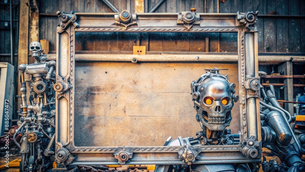 Fantastic horror metal frame border with mecha parts on background ...