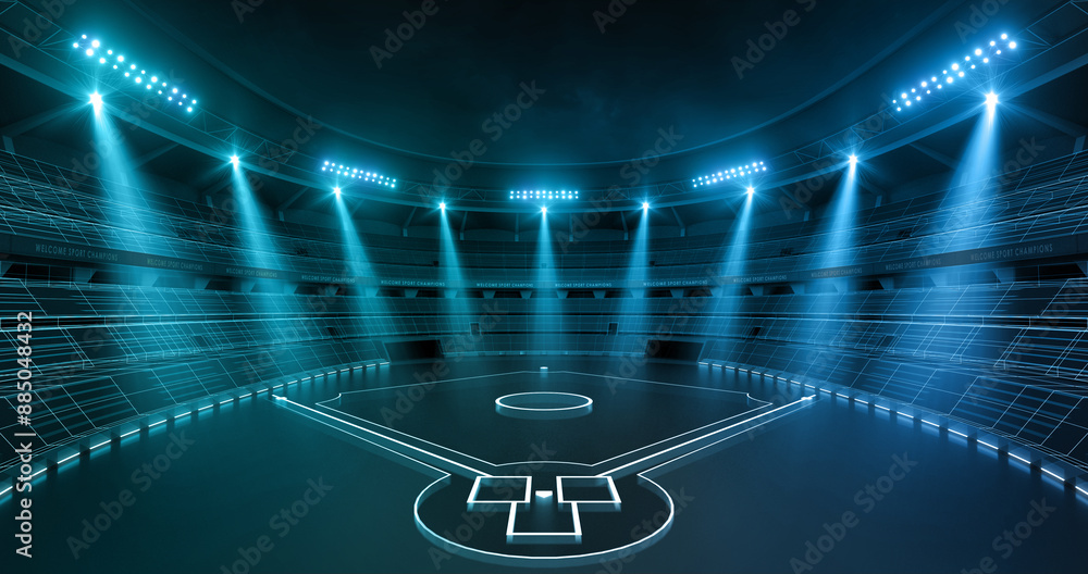 Futuristic baseball stadium at night with shining spotlights and ...