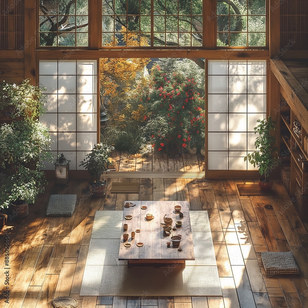 Bright Japanese-style dining area with sliding doors opening to a lush ...