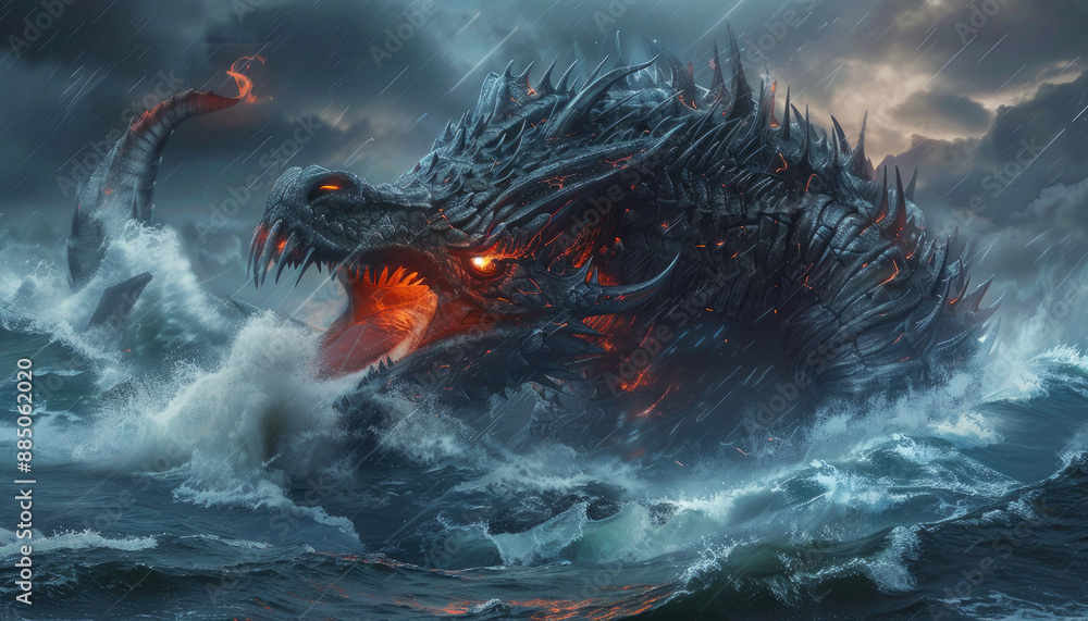 Giant sea monster emerging from stormy ocean waves, dark fantasy style ...