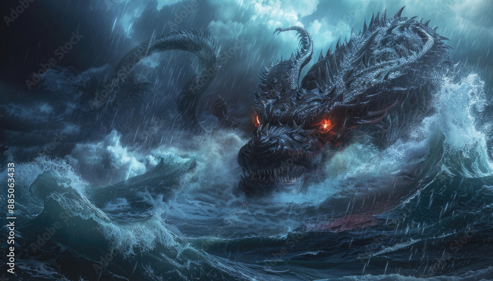 Giant sea monster emerging from stormy ocean waves, dark fantasy style ...