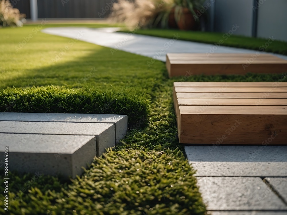 Material mix of paving stones, concrete blocks, wood, and artificial ...