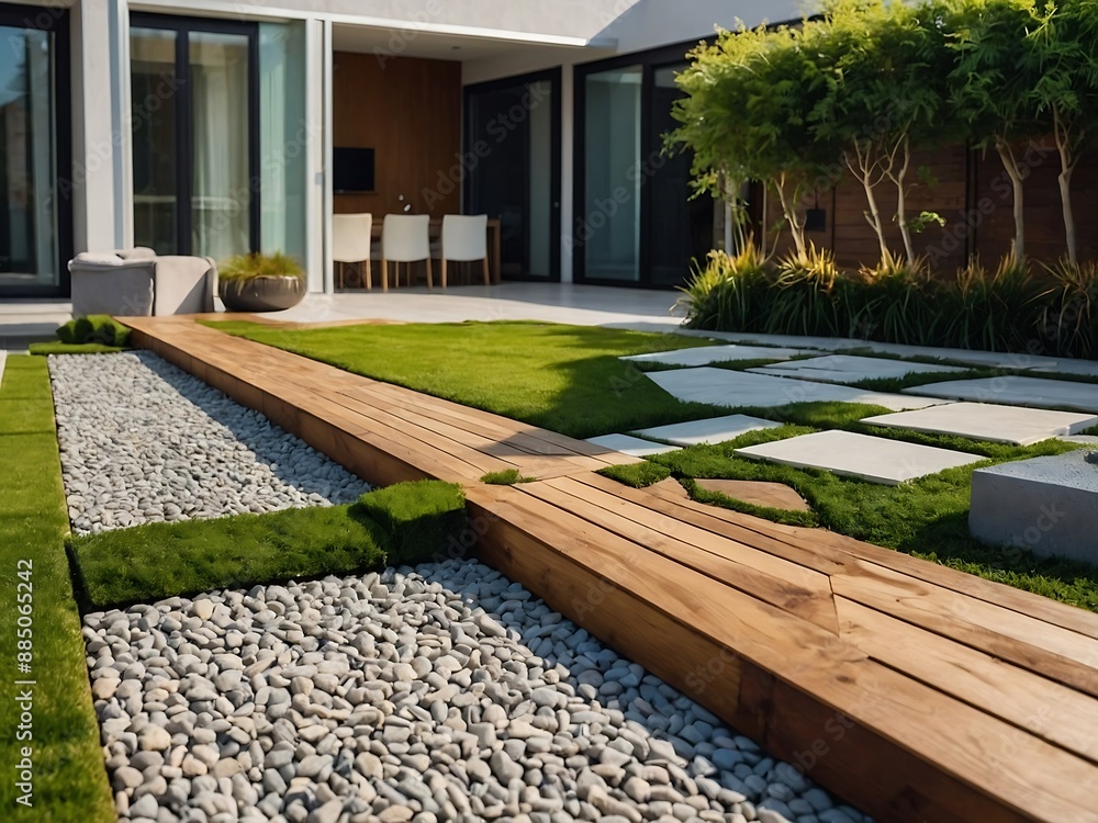 Material mix of paving stones, concrete blocks, wood, and artificial ...