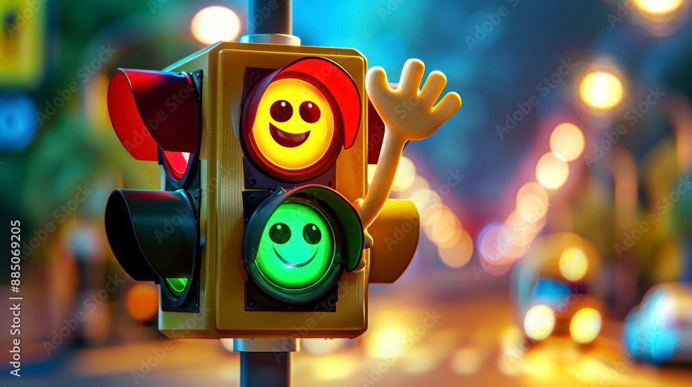 Cheerful Emoticon Traffic Light Waving at Night in a Busy City Street ...