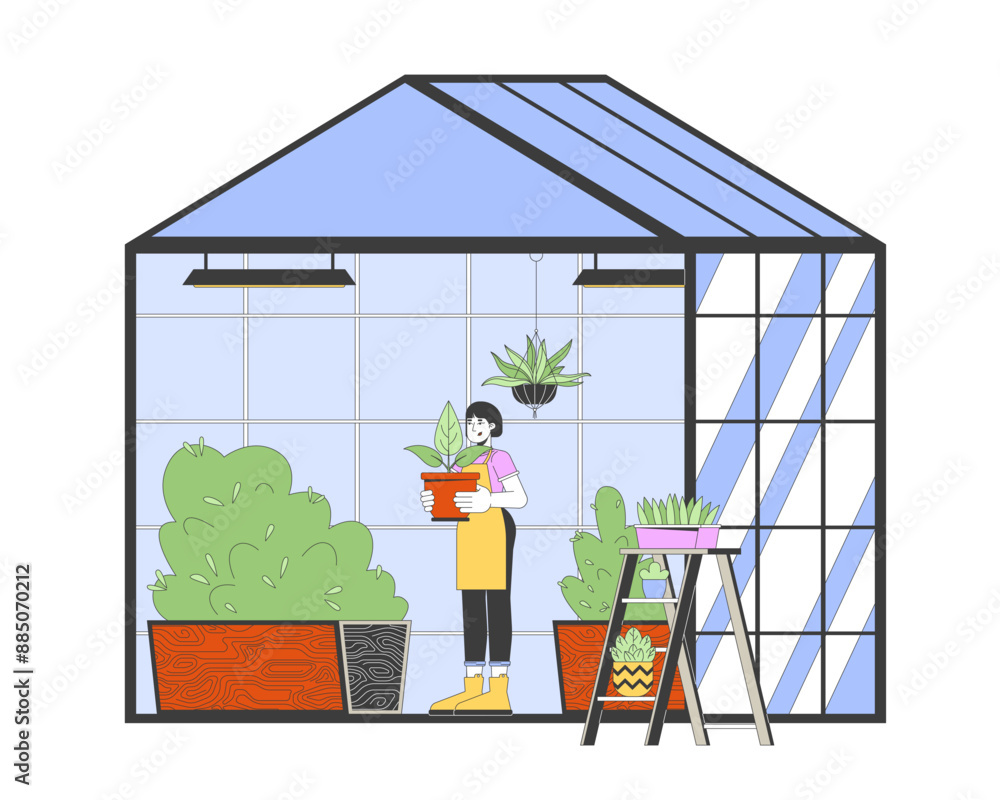 Korean woman working in greenhouse cartoon flat illustration. Asian ...