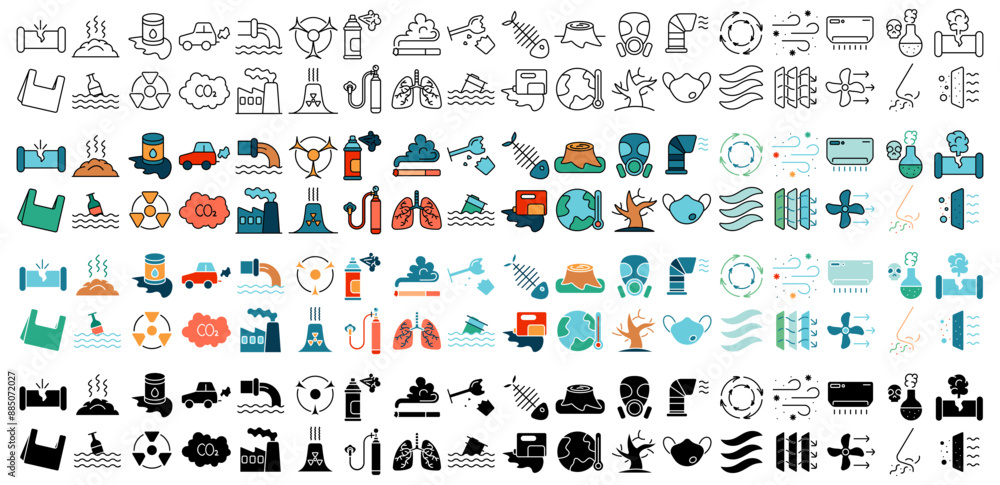 Environmental impact set icon. Pollution, emissions, deforestation, oil ...