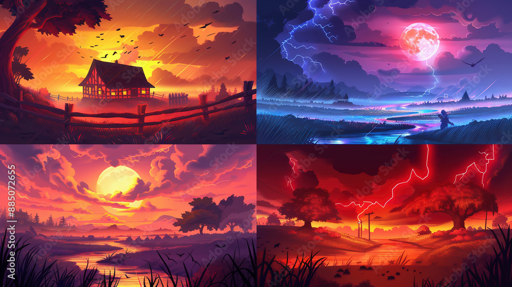 Abnormal weather illustration set. Drought, heavy rain, flood, intense ...