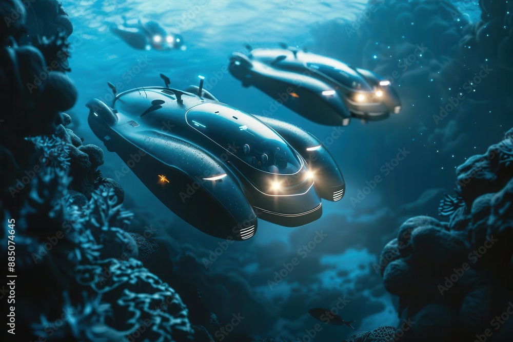 futuristic underwater drones mapping ocean floor bioluminescent sea ...