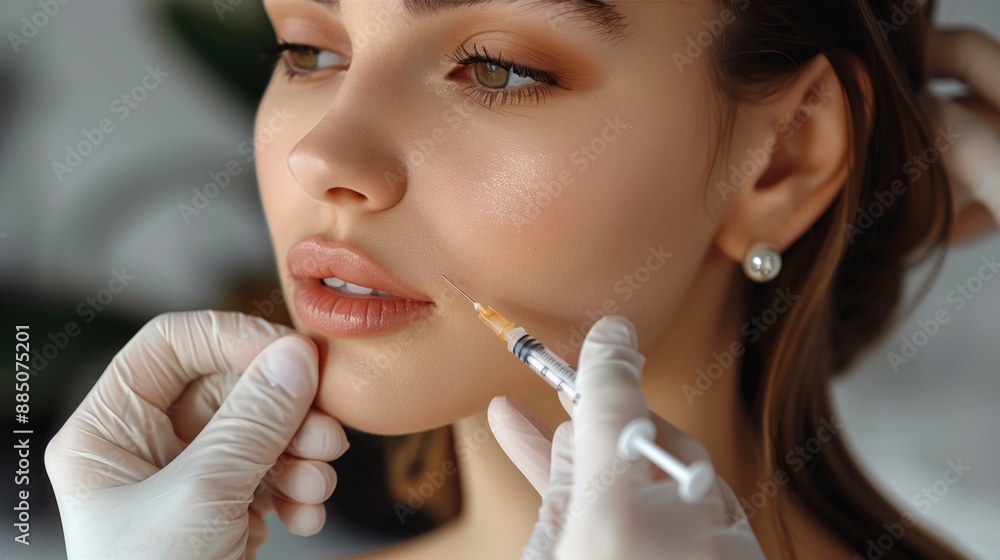 A profile view of a woman receiving a Botox injection in her crow's ...