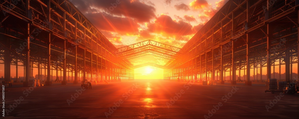 Construction of a Large Steel Structure Under a Dramatic Sunset ...