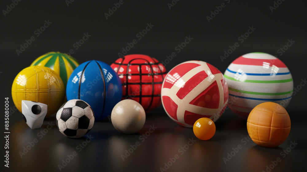 This 3D rendering features three distinct sports balls: a basketball, a ...