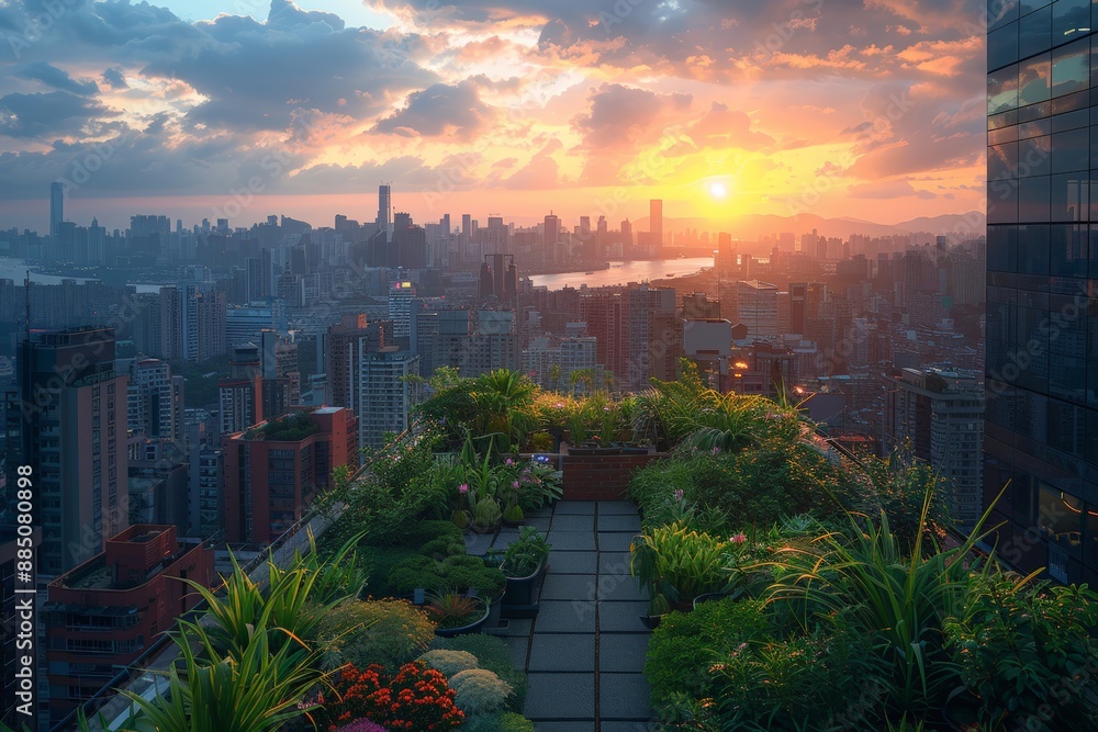 Sunset view of city skyline with rooftop garden, urban green spaces ...