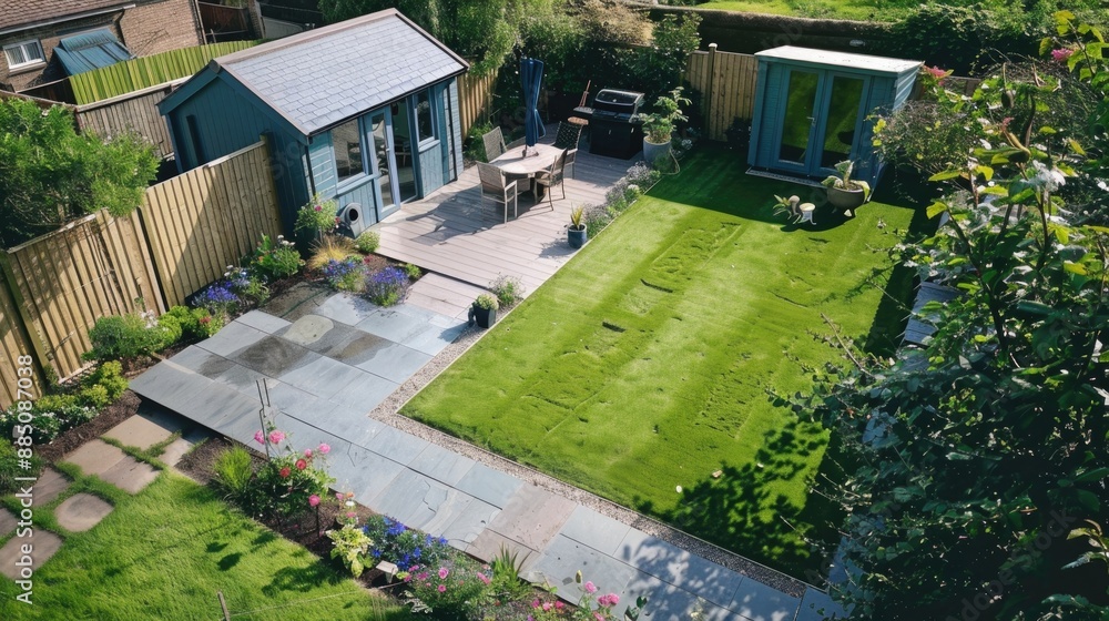 A general view of a back garden with artificial grass, grey paving slab ...