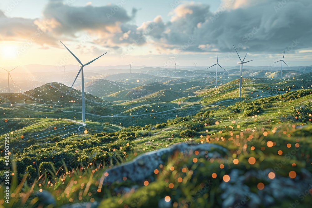Wind turbines on rolling green hills with digital overlays showing ...