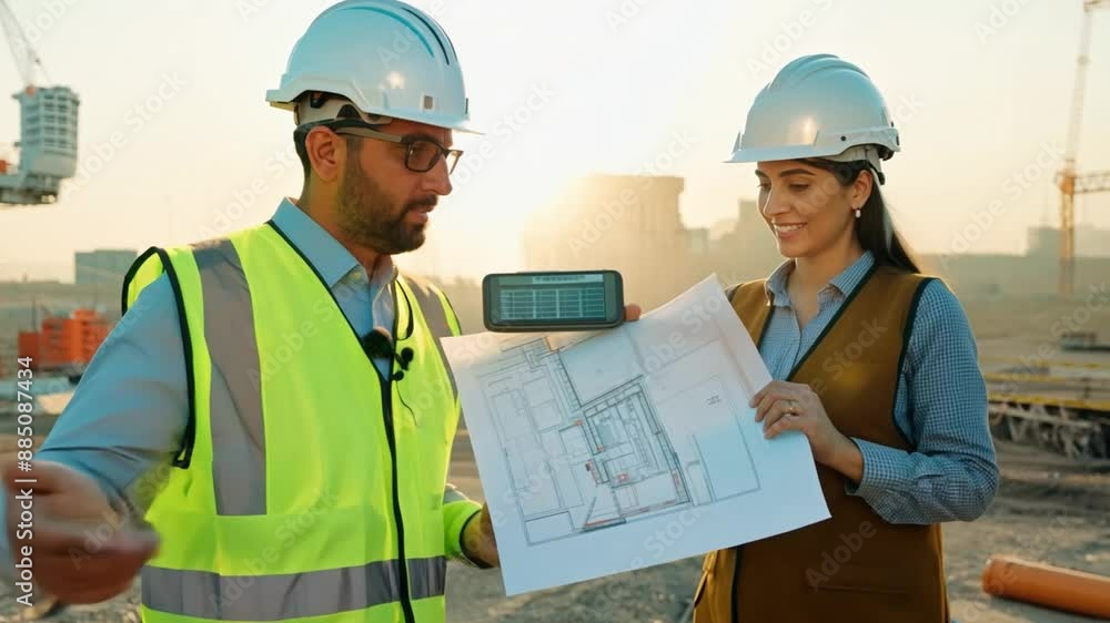 Two engineers talking using blueprints construction drawings at ...