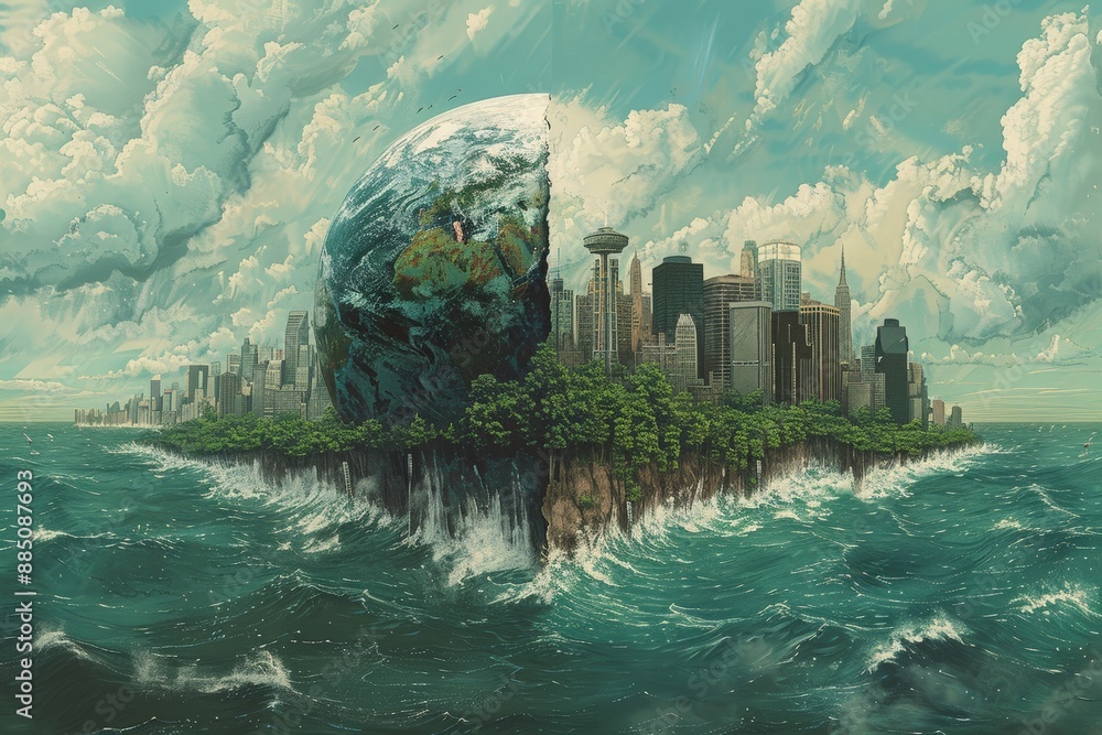 Depicts split Earth with one side urbanized cityscape, other lush ...