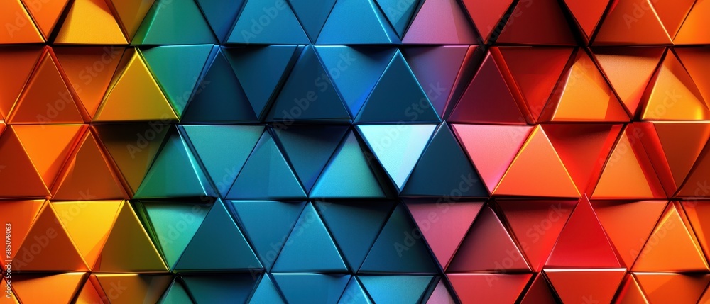 seamless pattern, A vibrant array of 3D triangles in a gradient of colors, ranging from warm ...