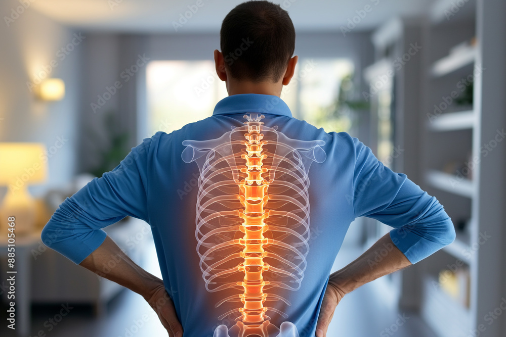 Scoliosis. A man in blue t-shirt holding his back with red pain, has spine highlighted to show ...