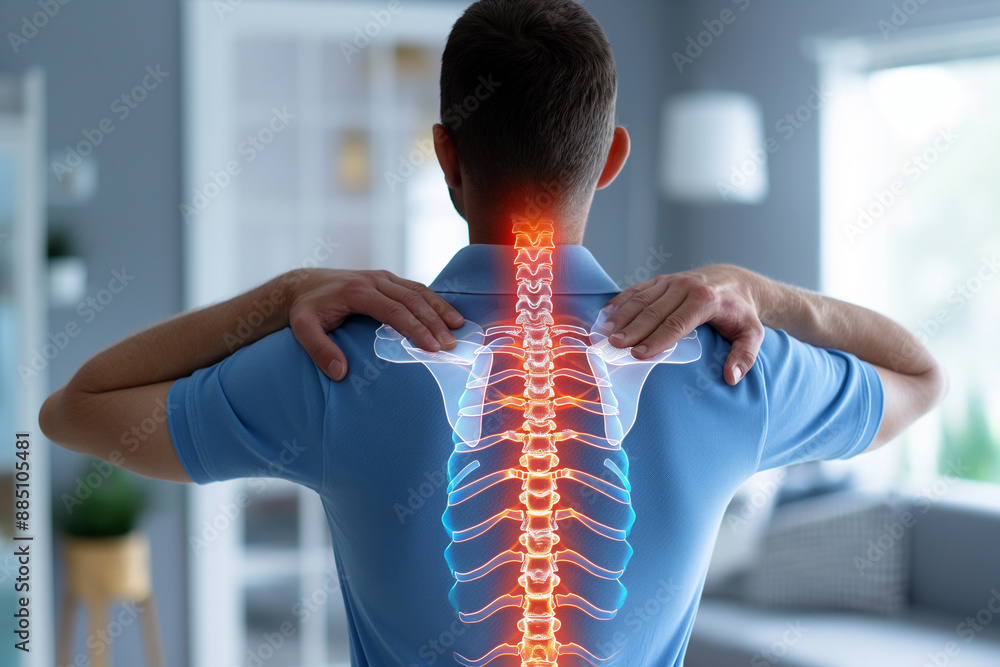 Scoliosis. A man in blue t-shirt holding his back with red pain, has ...