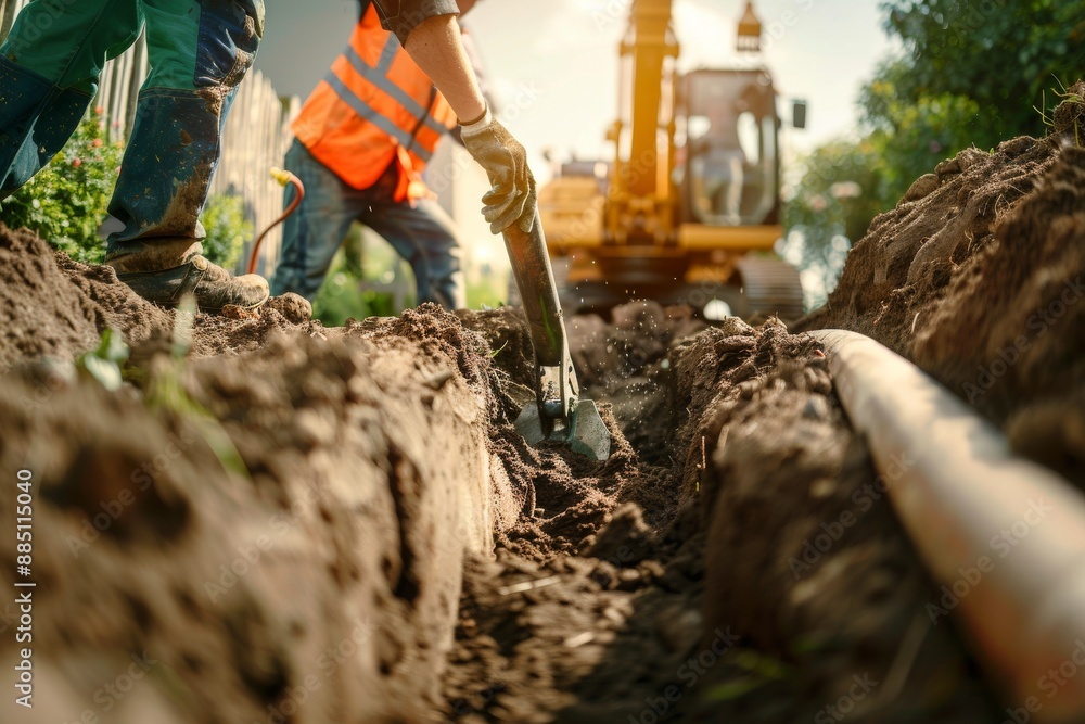 Working Excavator Tractor Digging A Trench At Construction Site.Close ...