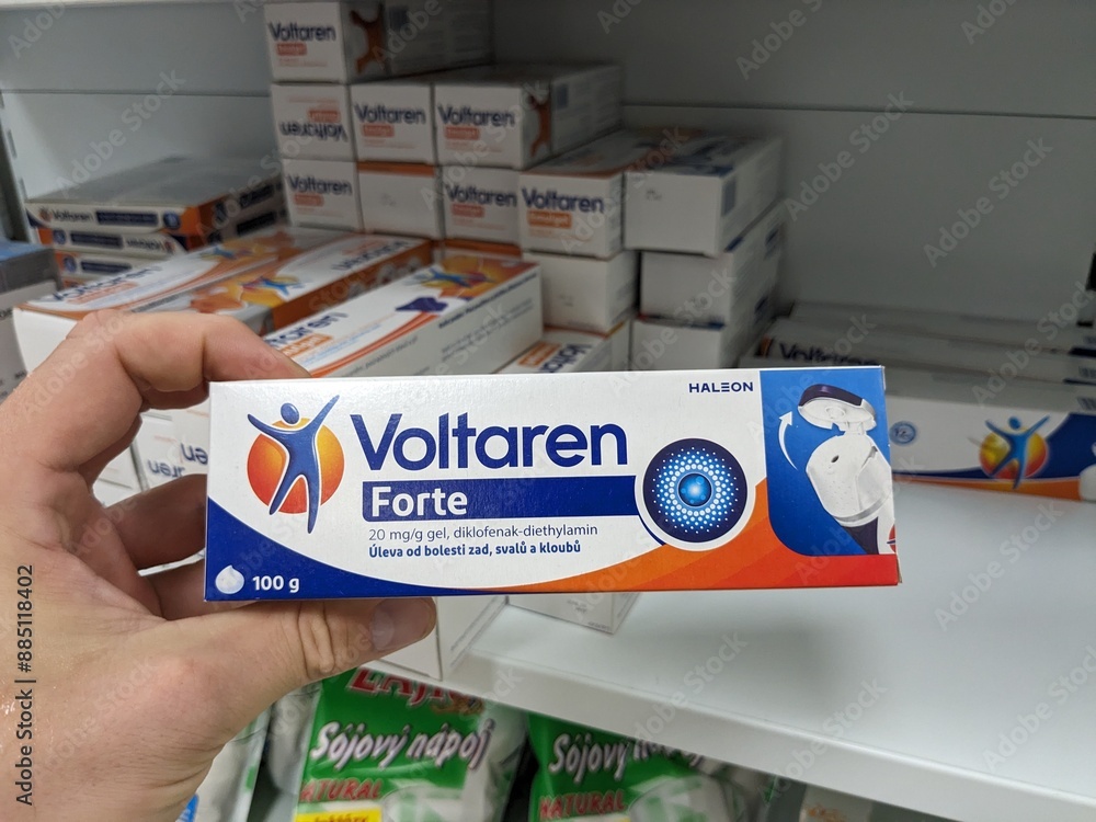 Prague, Czech Republic - July 10 2024: VOLTAREN FORTE box of medication ...