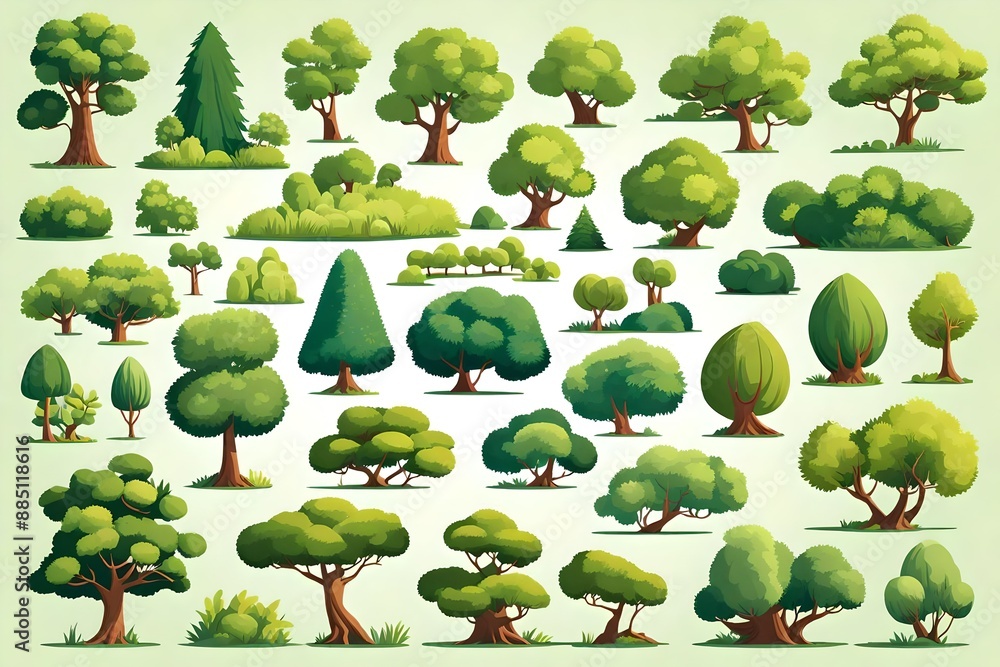 Cartoon bush and tree set. Vector trees and bushes isolated on white ...