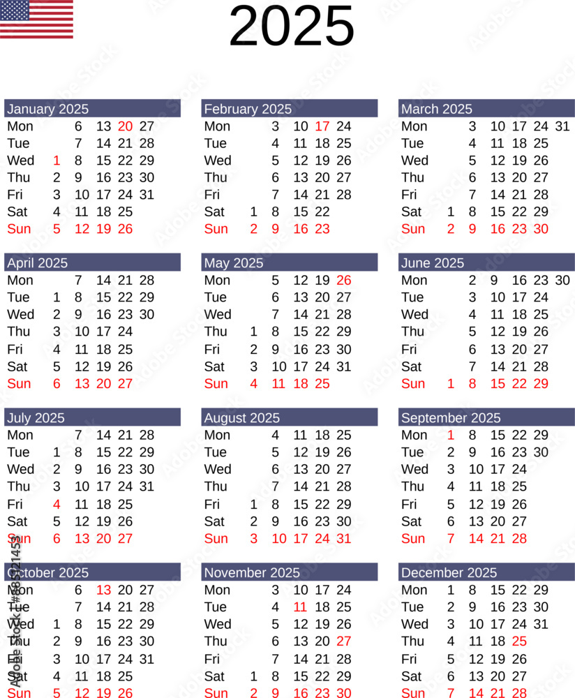 calendar of year 2025 in English language with United States public ...