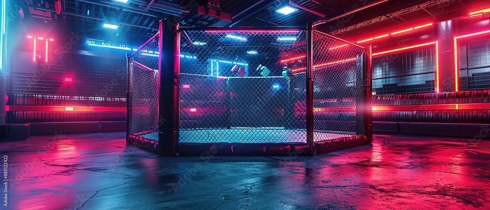 Modern mma fighting cage set in a dimly lit arena with vibrant neon ...
