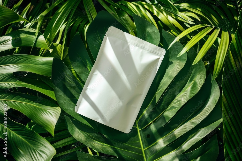A white blank pouch package doypack mockup sits on lush green tropical ...