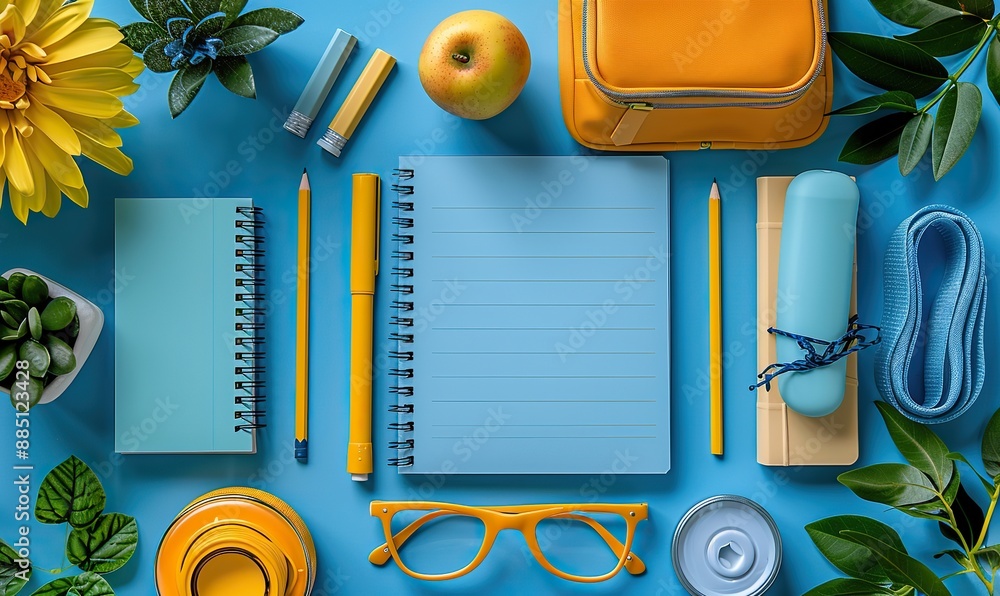 blank paper notepad mockup,school supplies on blue background flat lay ...