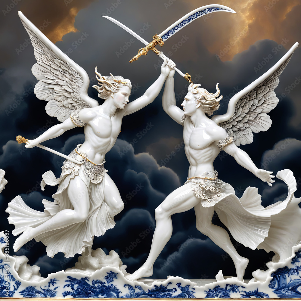 Fierce battle between angels and Lucifer, all rendered in a delicate ...