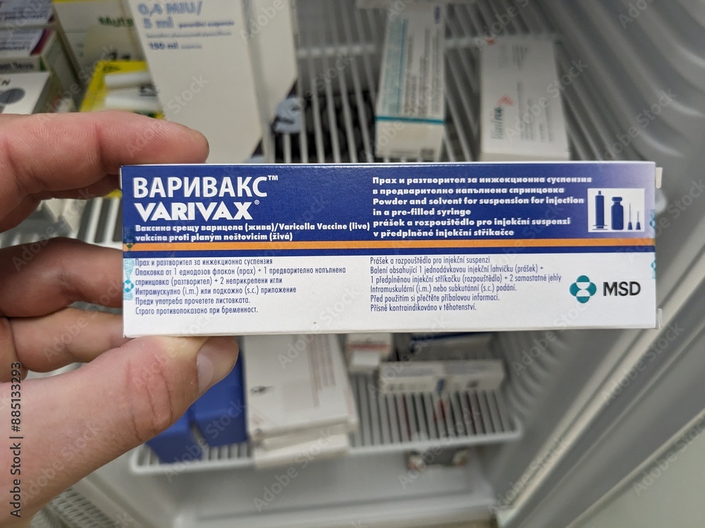 Prague, Czech Republic - July 10 2024: VARIVAX box of vaccine for CHICKENPOX with VARICELLA ...