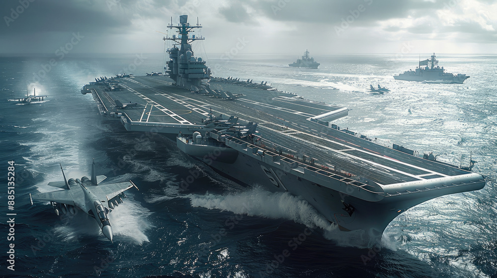 The aircraft carrier is sailing in the sea, with a fighter jet on the ...