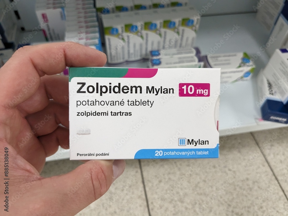 Prague, Czech Republic - July 10 2024: ZOLPIDEM MYLAN box of medication ...