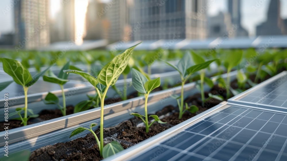 Young plants are flourishing in a modern rooftop garden equipped with ...