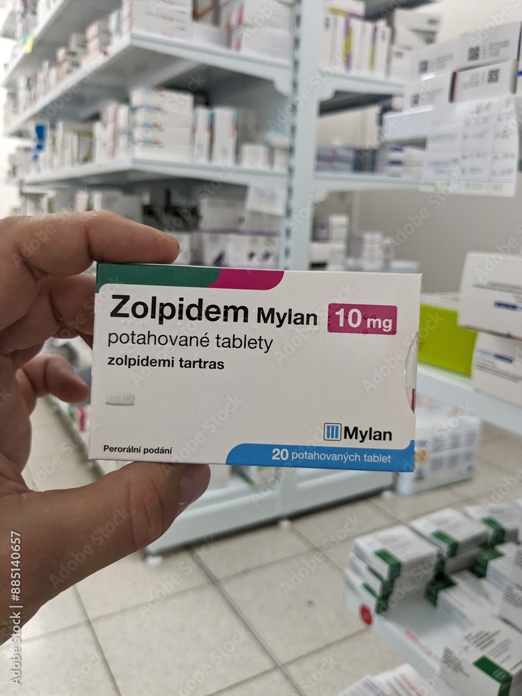 Prague, Czech Republic - July 10 2024: ZOLPIDEM MYLAN box of medication ...