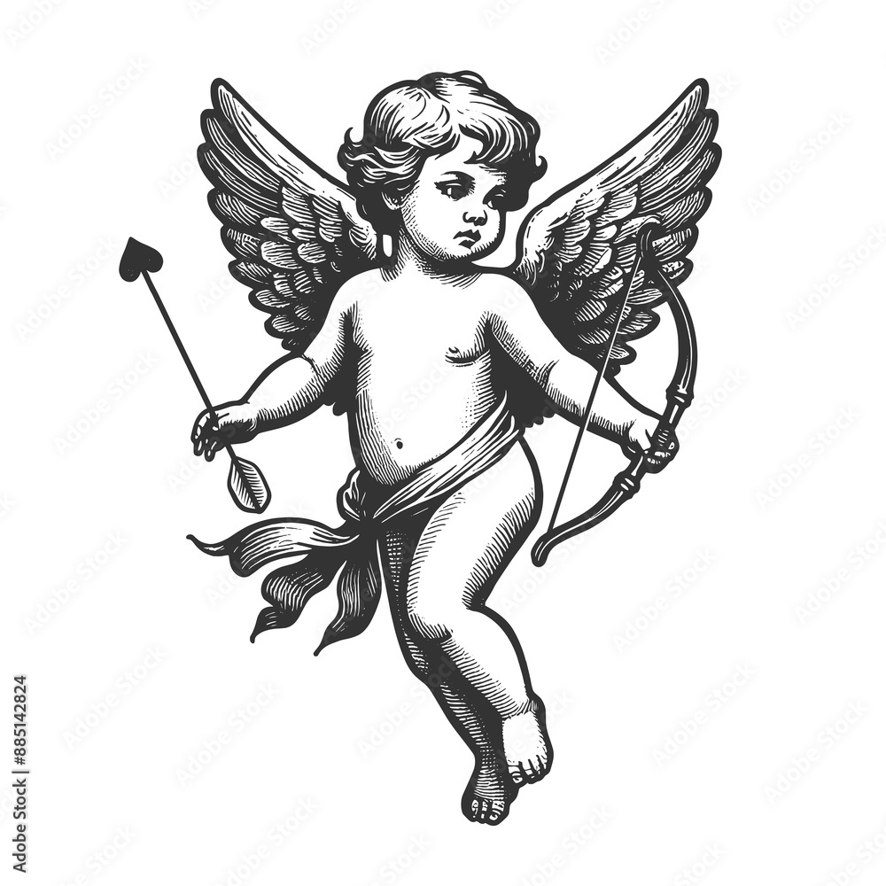 Cupid, cherubic figure with wings, aiming a bow and arrow, love and ...