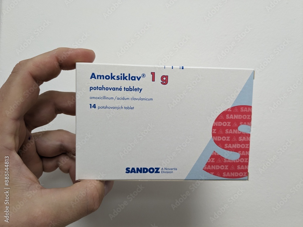 Prague, Czech Republic - July 10 2024: AMOKSIKLAV box of medication ...